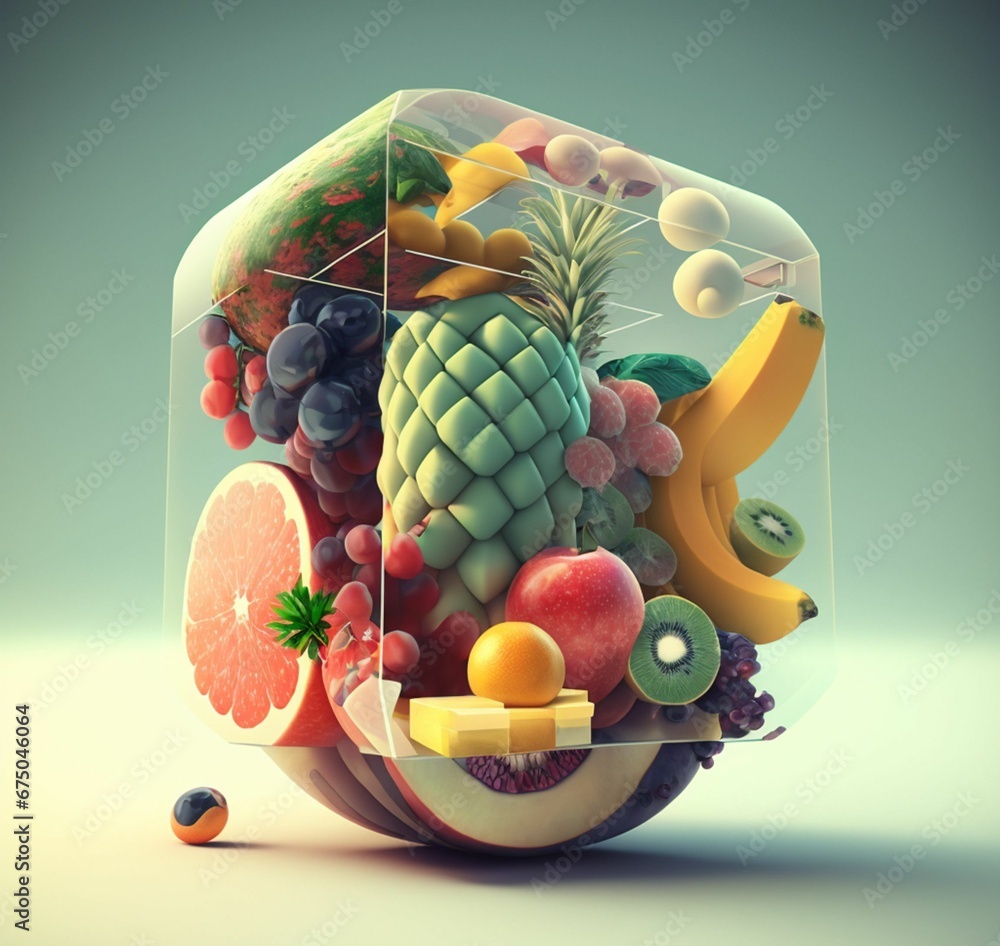 AI generated illustration of a transparent box with different fruits ...