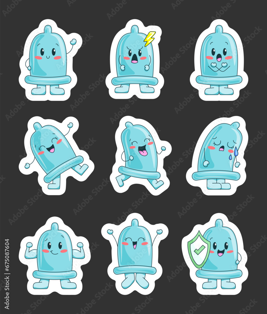 Cute happy condom characters. Sticker Bookmark. Safe sex, contraception ...