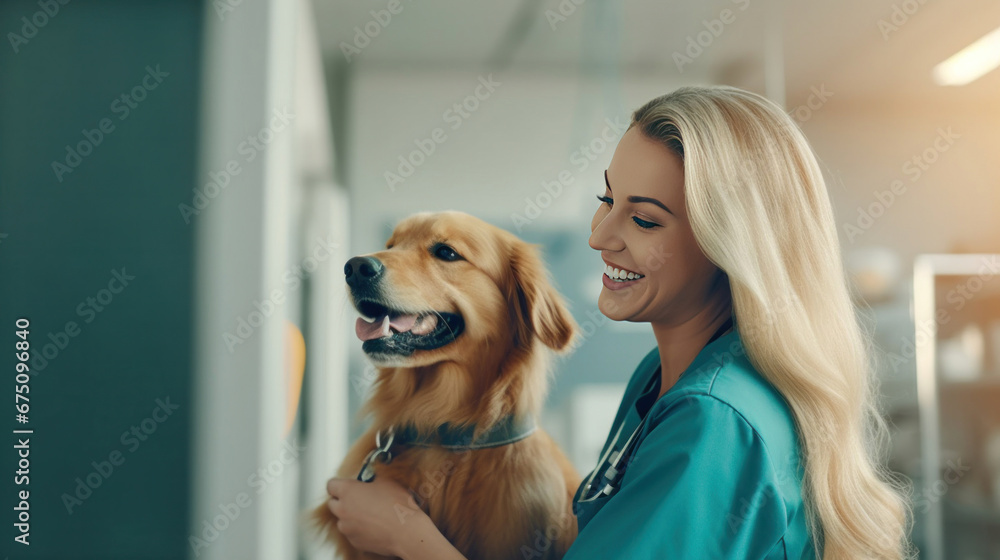 A beautiful female vet nurse doctor examining a cute happy golden ...