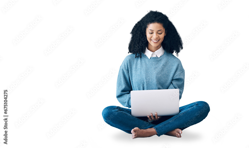 Laptop, learning and a black woman student isolated on a transparent ...