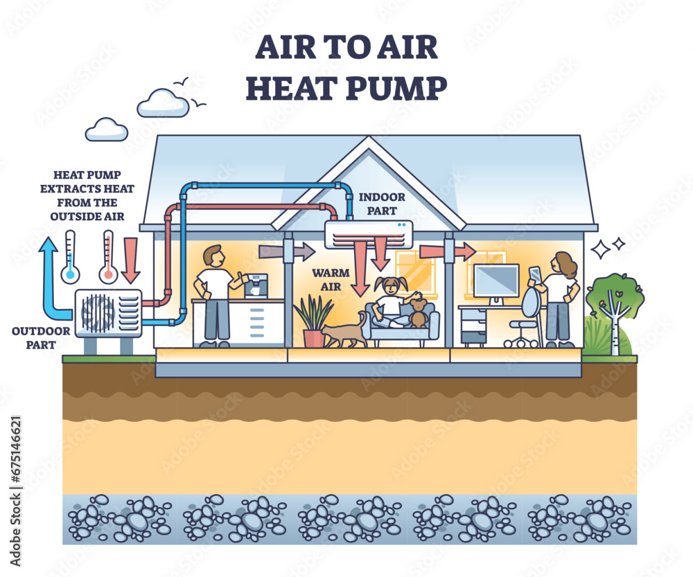 Air to air heat pump and system for house thermal heating outline ...