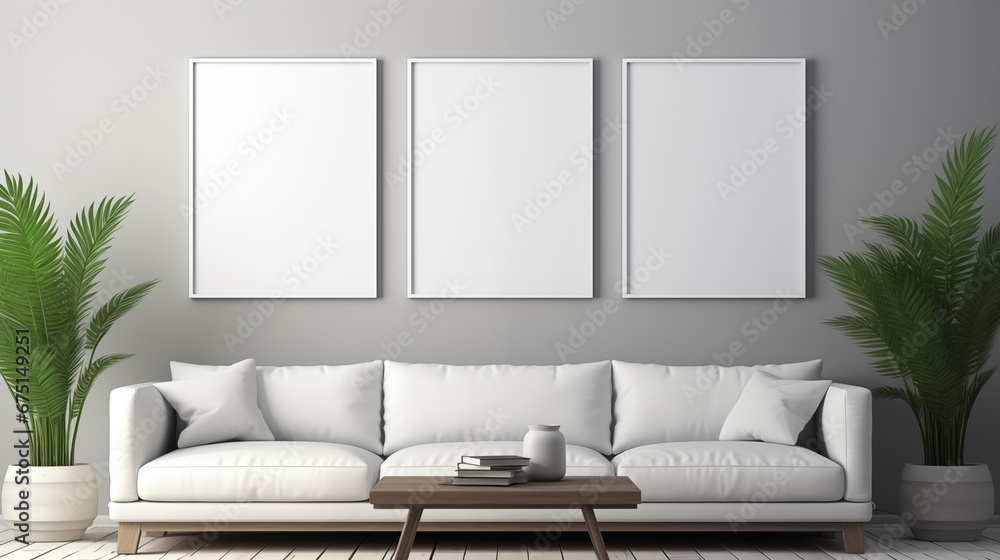 Mockup of Three Frames on the Wall: Minimalist Interior Design in Light ...