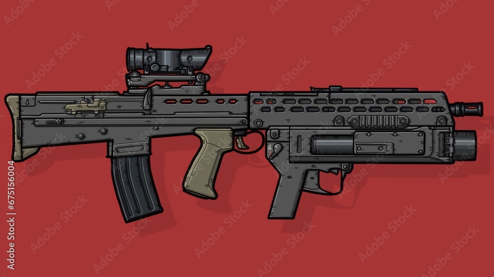 Close-up of a bullpup assault rifle L85 with a grenade launcher and an optical sight on an ...