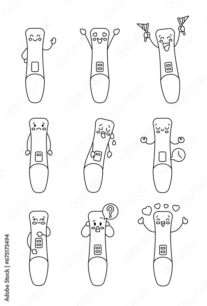 Cute cartoon pregnancy test characters. Coloring Page. Positive and ...