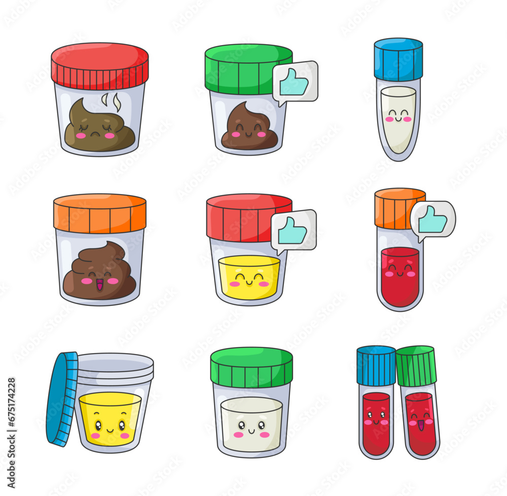 Cute laboratory medical analysis test characters. Poop in plastic bag ...