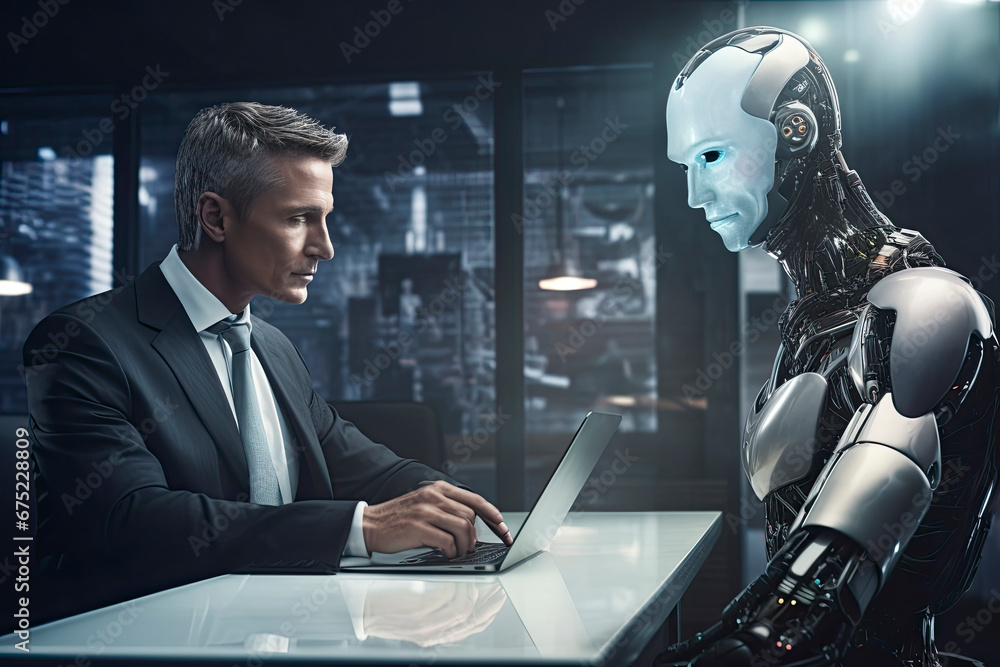Humanoid cyborg robot and business man working on laptop, concept of ...