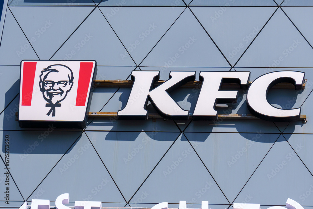 Tyumen, Russia-August 09, 2023: KFC logo restaurant. KFC is popular fast food chain known as ...