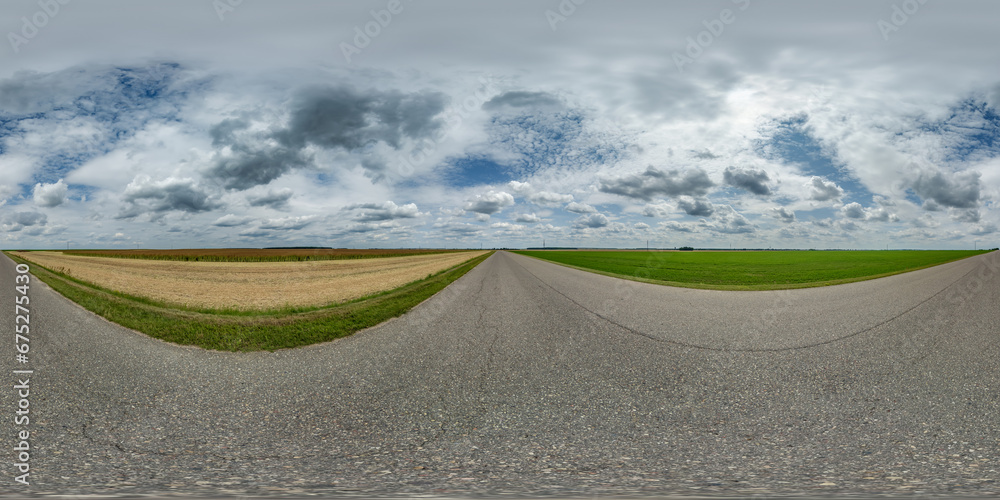spherical 360 hdri panorama on old asphalt road among fields with ...