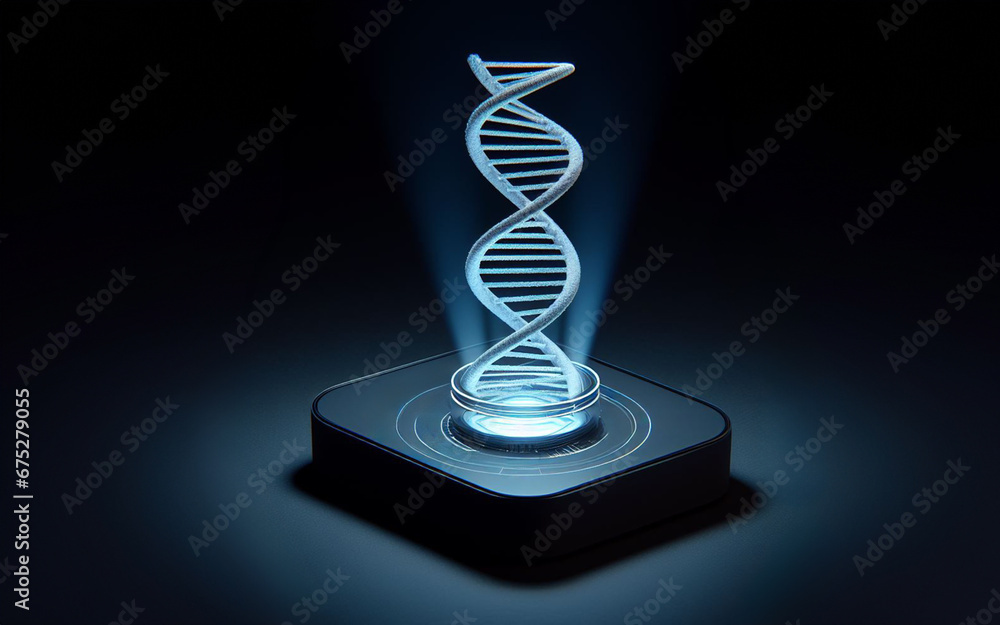 Illustration Stock Holographic projector Shows a diagram of a DNA helix ...