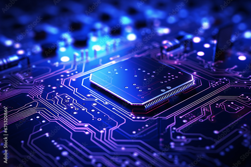 Digital circuit board microprocessor motherboard computer hardware neon purple and blue glowing ...