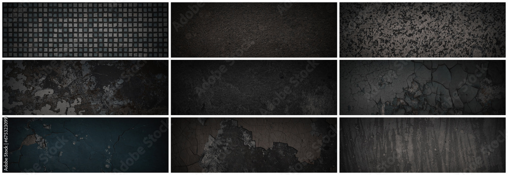 Set of dark panoramic background textures. Collection of wide textures ...