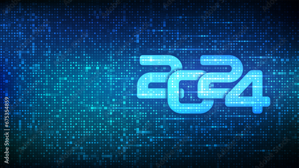 Happy New Year 2024. Numbers 2024 made with binary code. Digital binary data and streaming ...
