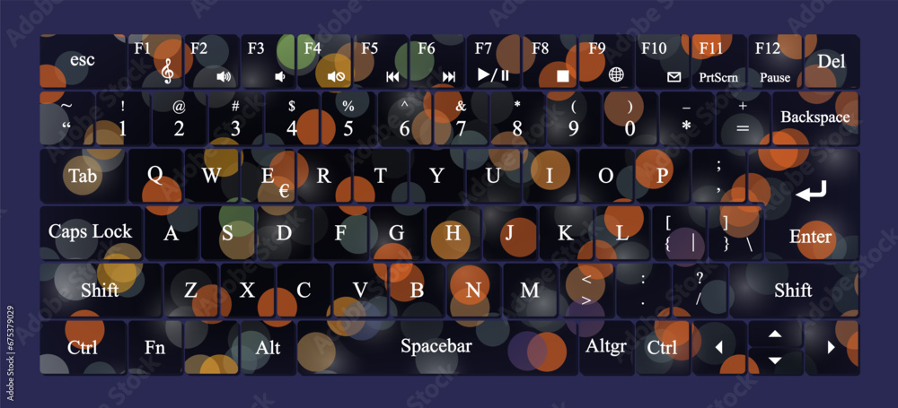 Vector modern qwerty Keyboard Layout Stencil cut. Bokeh lights ...