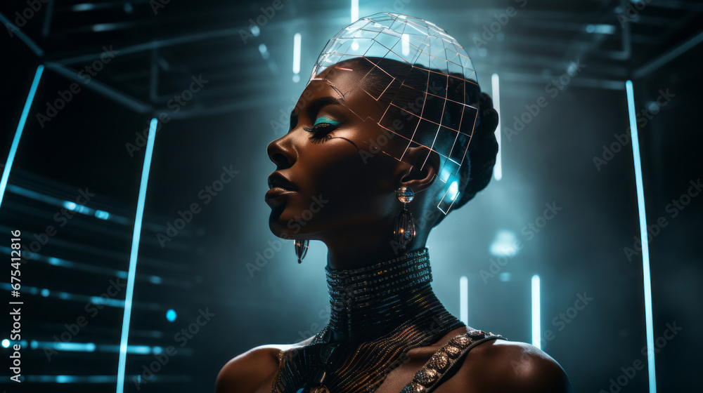 Generative AI stunning model posing wearing futuristic fashion dress ...
