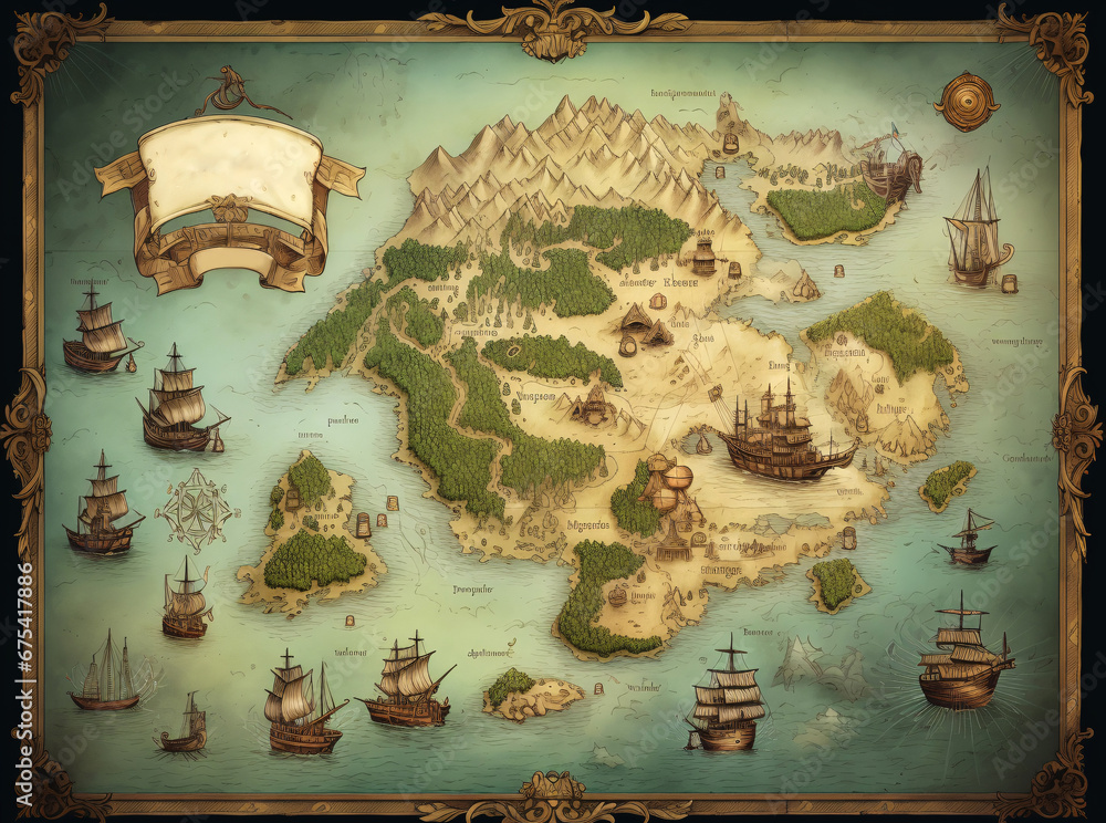 A fantasy map of a sea with islands, coastlines, and treasure. A ...