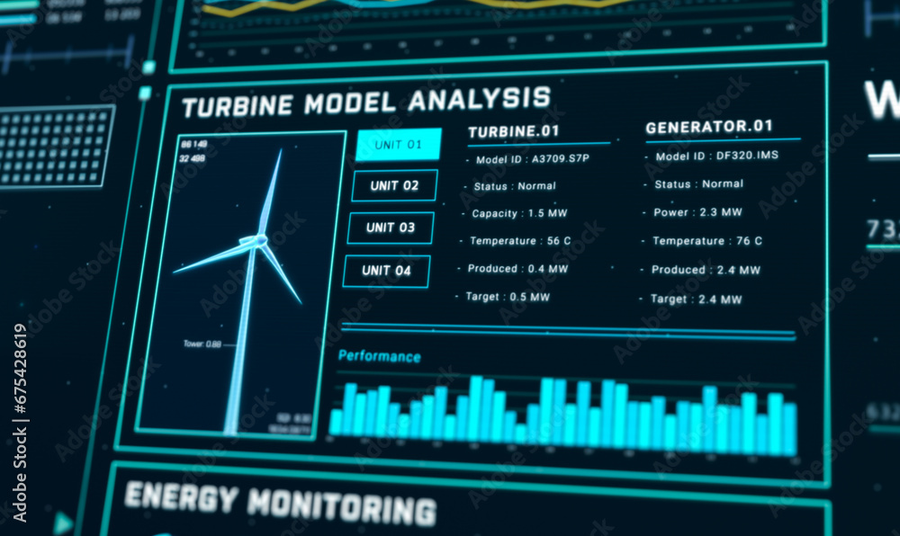 Futuristic wind turbine energy control center interface design, digital ...