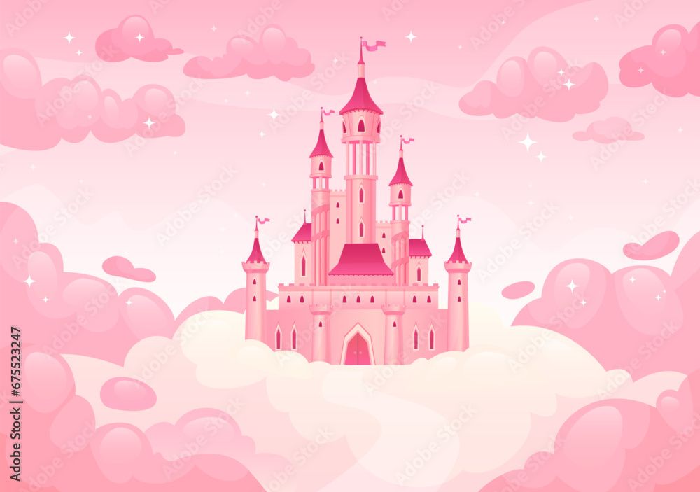 Cartoon castle in clouds. Heavenly castles princesses pink cloud sky ...