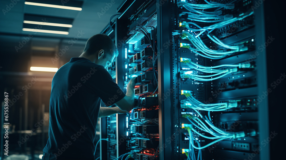 computer scientist works on a server rack in a server room Stock Photo ...