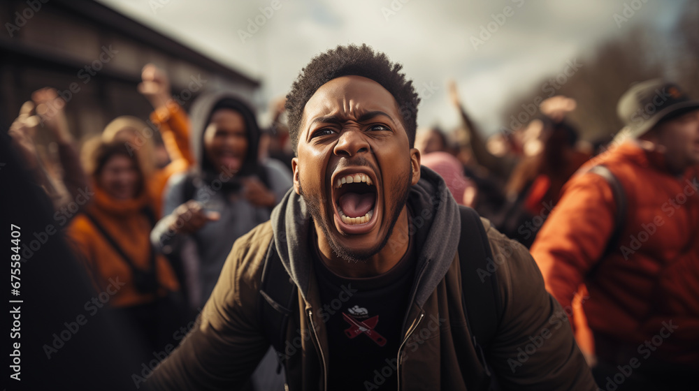 black African American man activist protesting, shouting, and fighting ...