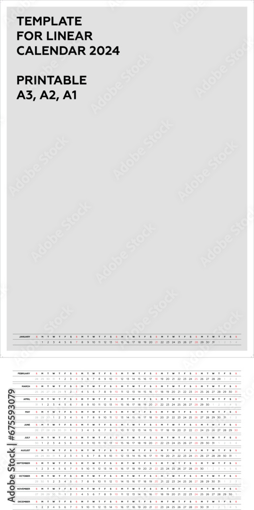 Linear calendar template for 2024 with months. Vector illustration ...