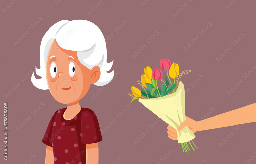 Senior Woman Receiving a Flower Bouquet as. Gratitude Gesture vector ...