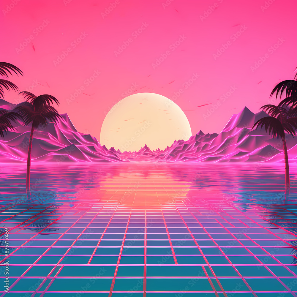 Retro futuristic background 1980s style. Digital landscape in a cyber ...