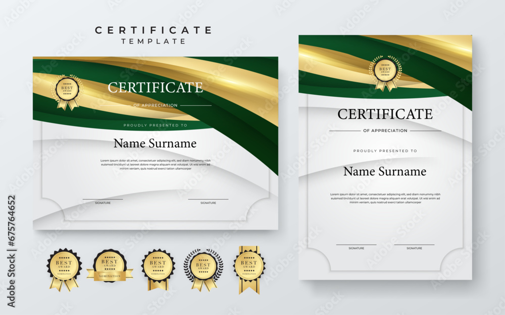 Green and gold modern certificate template for corporate, achievement ...