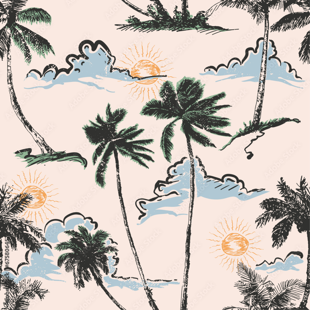 Hand Draw Summer Tropical Palm Tree Pattern, botanical pattern, summer ...