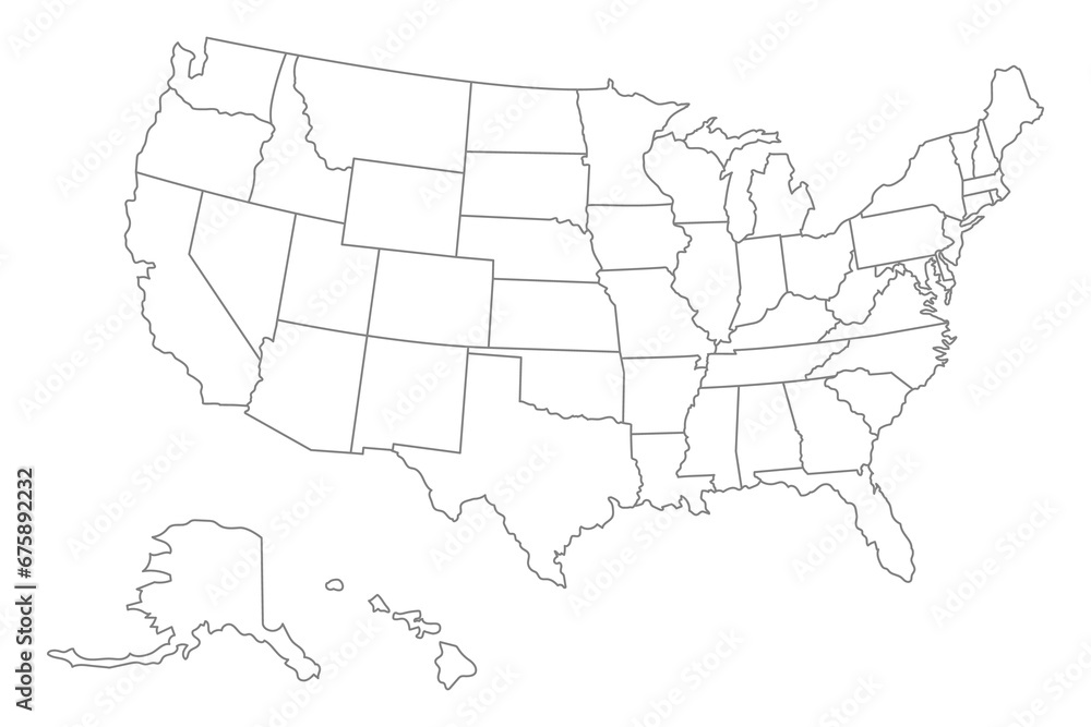 United States of America map. USA Map With Divided States. Outline US ...