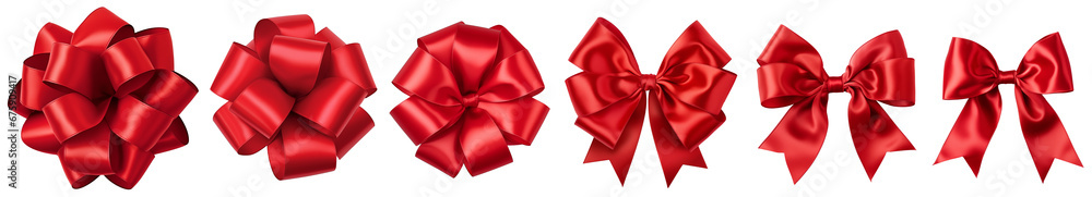 Set of six shiny red silk bows on a transparent background. Compound ...