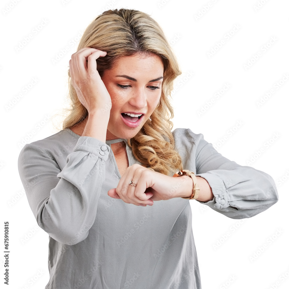 Woman, watch and late by checking time with panic, shock or anxiety on ...