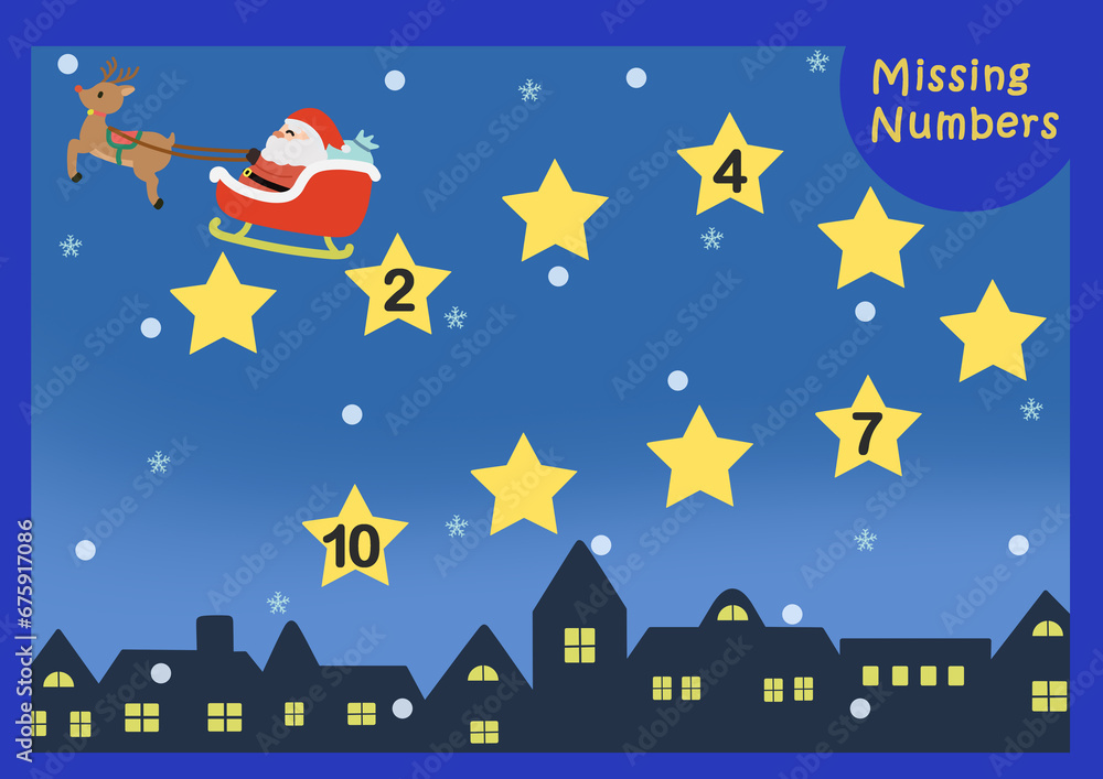 Missing numbers worksheet for children with cute christmas illustration ...