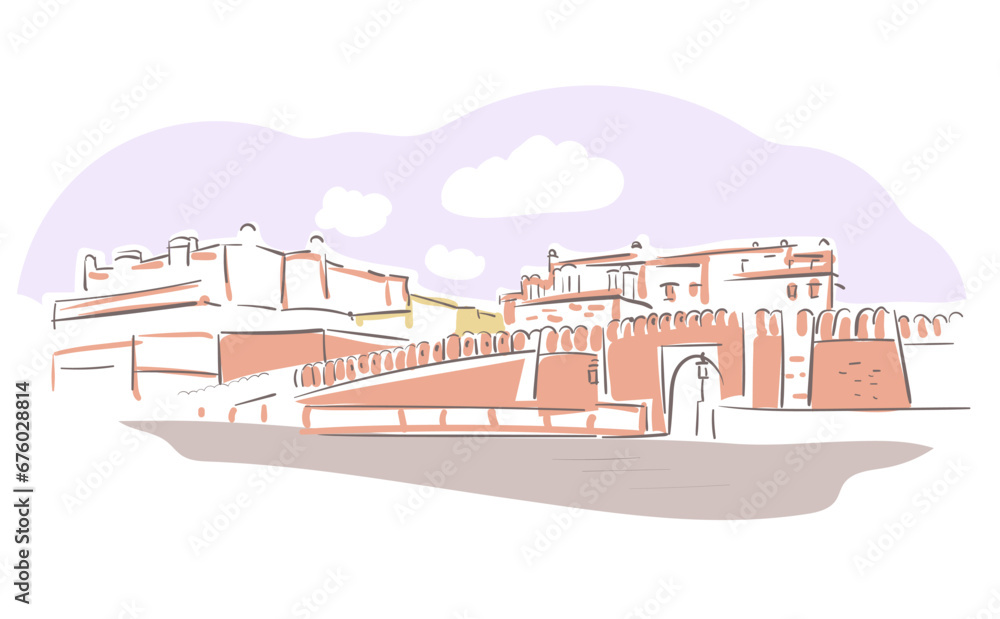 junagarh fort Bikaner Rajasthan India vector sketch city illustration ...
