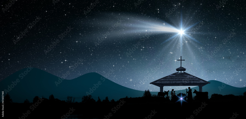 Bright Star, or Christmas Star of Bethlehem. Silhouettes of Jesus ...
