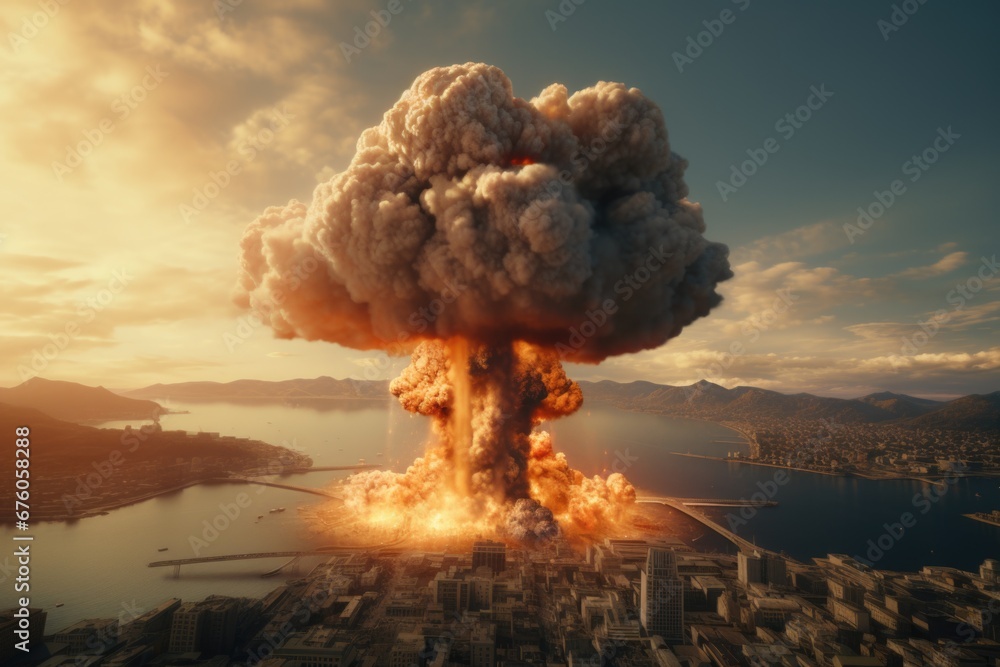 A powerful explosion of smoke and fire engulfing a city. This image ...