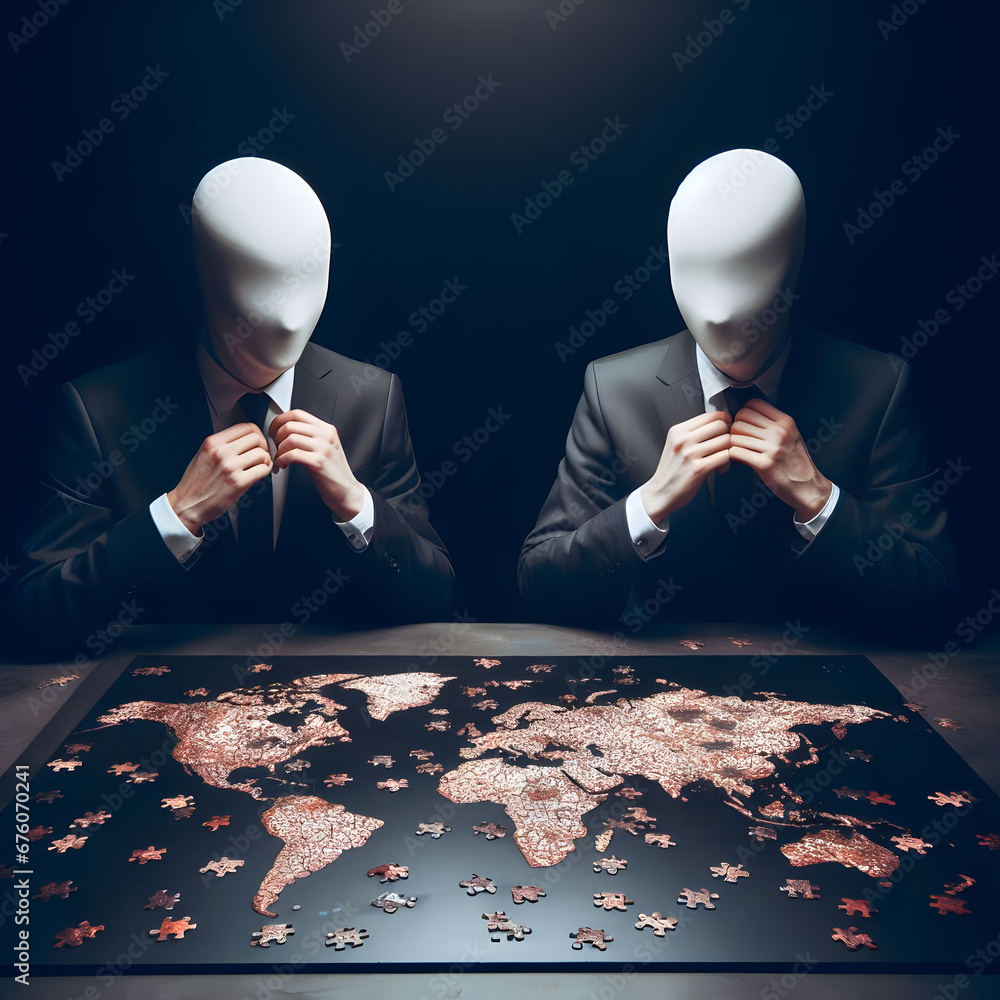 concept of worldwide geopolitics. mysterious people building new world ...