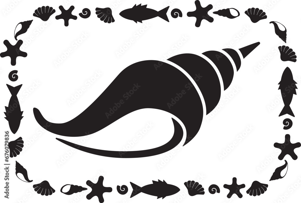 Seashell, sea animal mollusk in a rectangular frame - vector silhouette ...