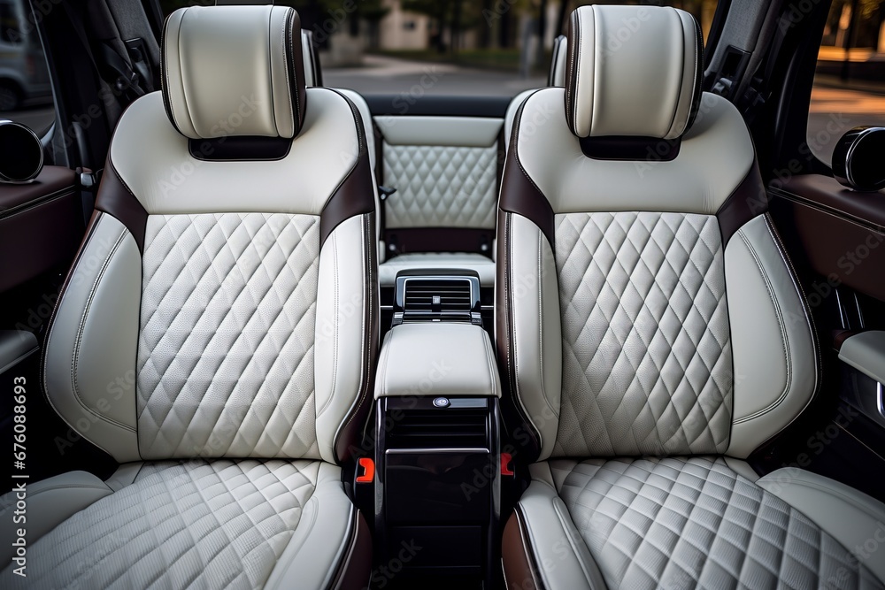 Front view of white leather back passenger seats in modern luxury car ...