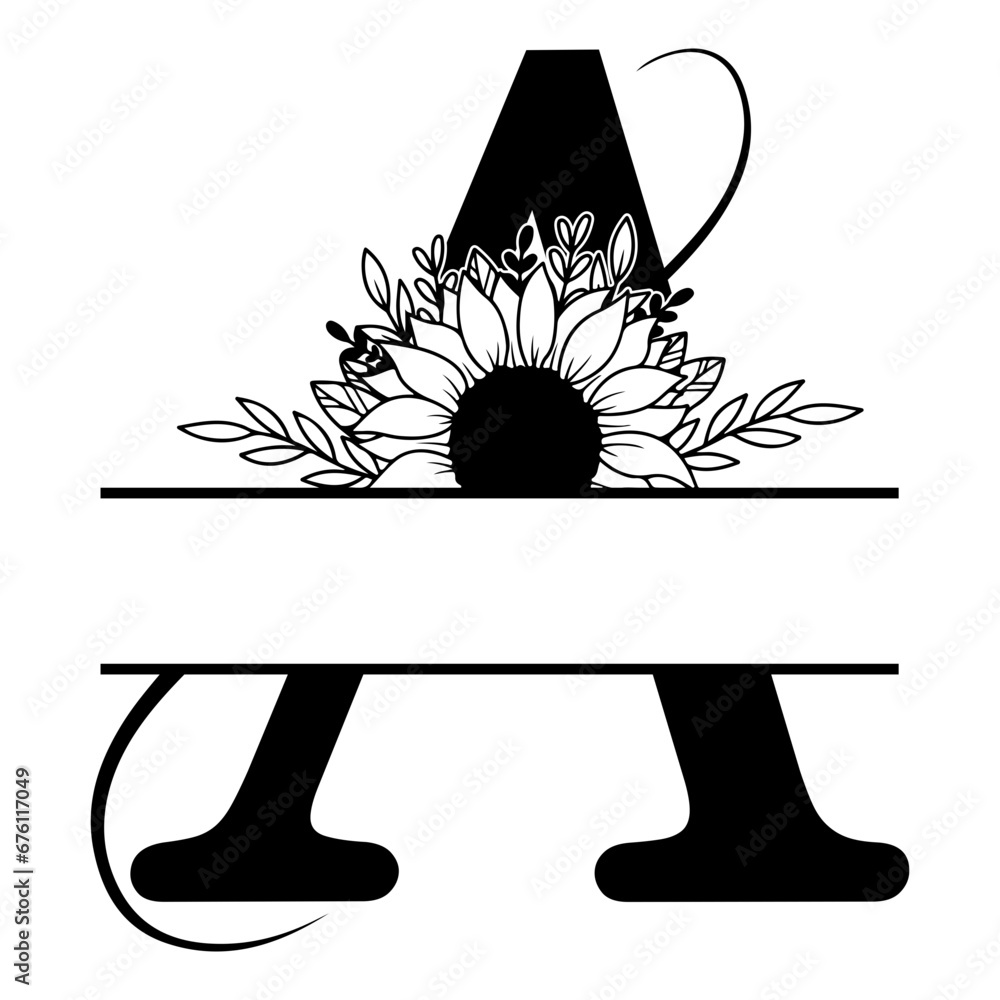 Sunflower Split Monogram svg, png, Floral Monogram Clipart, Sunflower ...