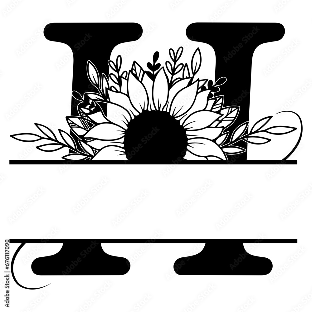 Sunflower Split Monogram svg, png, Floral Monogram Clipart, Sunflower ...