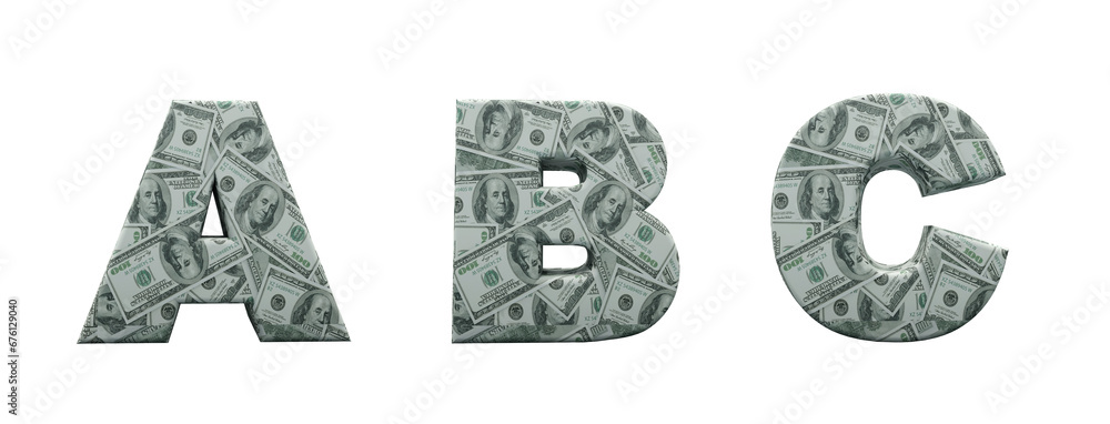 Money alphabet. Letters A, B, C, formed with 100 dollar bills. Font in ...
