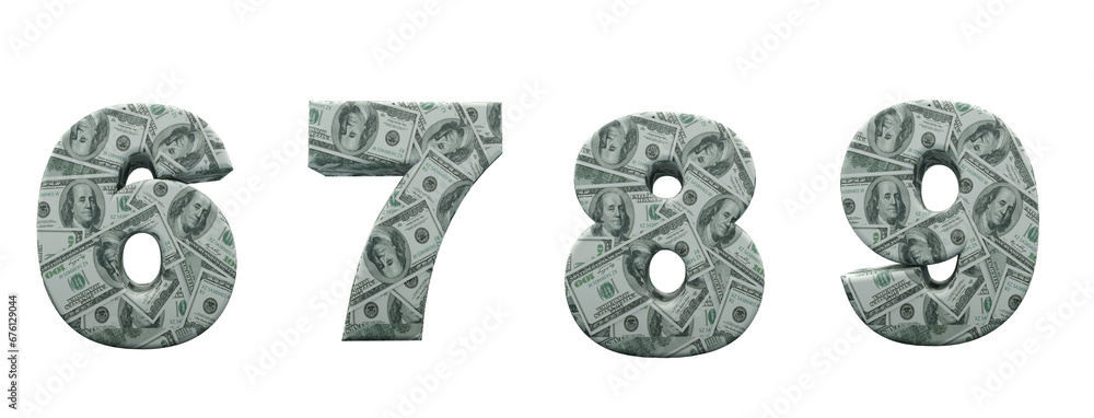 Money alphabet. Numbers 6, 7, 8, 9, formed with 100 dollar bills. Font ...