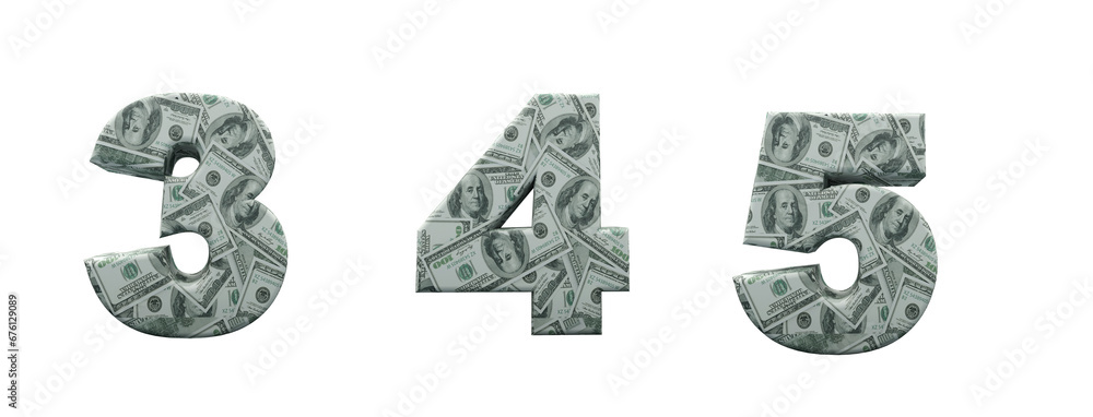 Money alphabet. Numbers 3, 4, 5, formed with 100 dollar bills. Font in ...