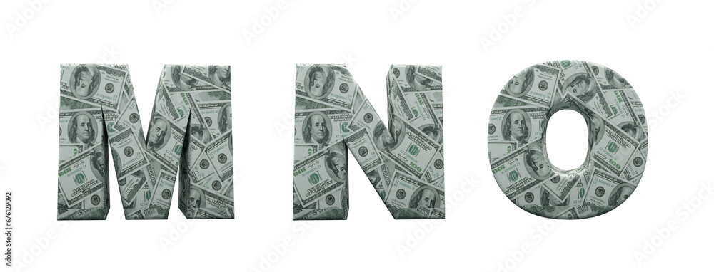 Money alphabet. Letters M, N, O formed with 100 dollar bills. Font in ...