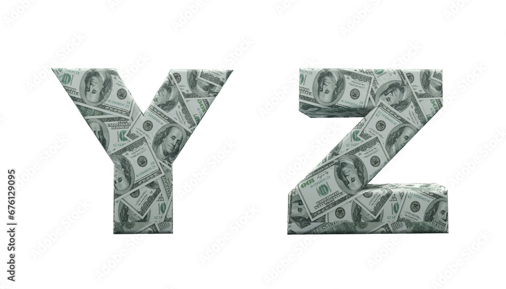 Money alphabet. Letters Y, Z, formed with 100 dollar bills. Font in 3d ...