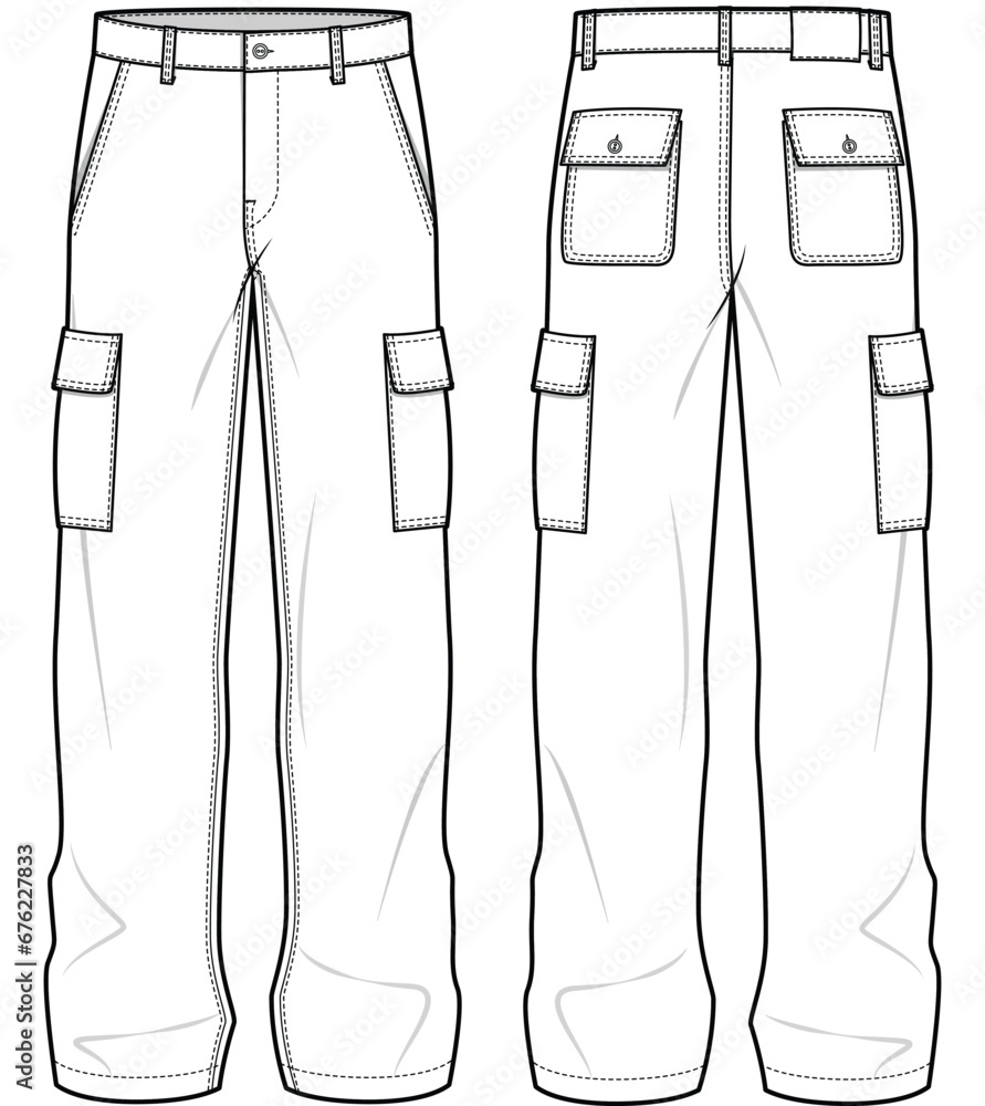 mens wide leg baggy cargo pant flat sketch vector illustration front ...