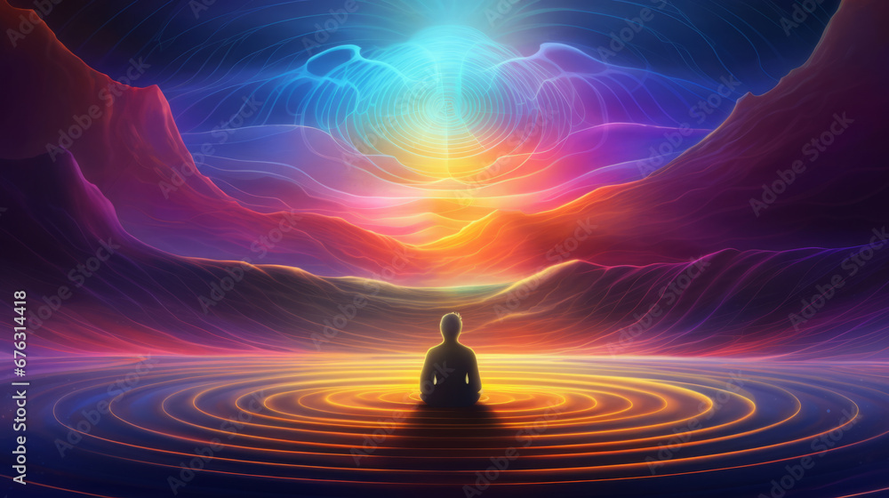 Silhouette, energy and meditation on colorful background or wallpaper ...