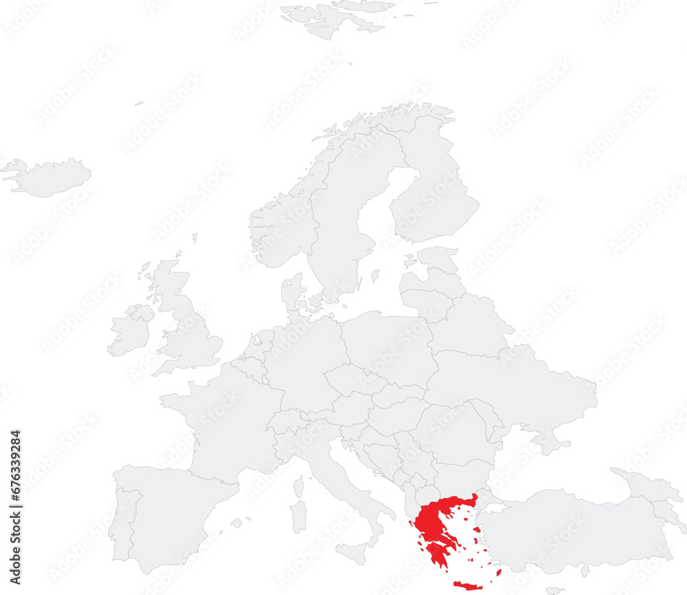 Red CMYK national map of GREECE inside gray blank political map of ...
