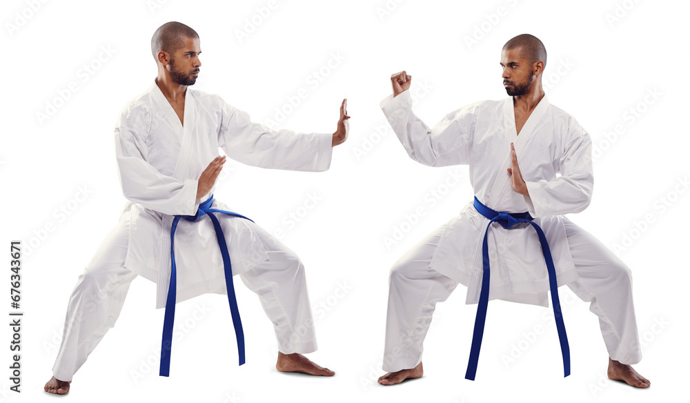 Man, karate and face off in martial arts or self defense training with ...