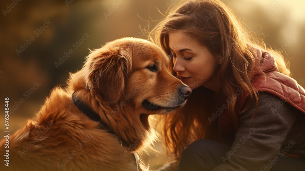 Dog and young woman comforting a distressed friend together, showcasing ...